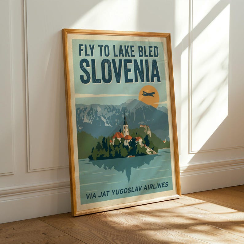 Lake Bled Poster - Vintage Travel Illustration, Teal and Navy Blue ...