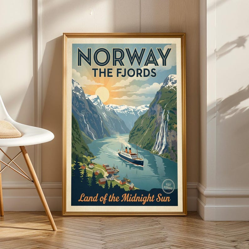 The Fjords Poster - Retro Travel Vector Landscape, Teal and Navy Blue ...