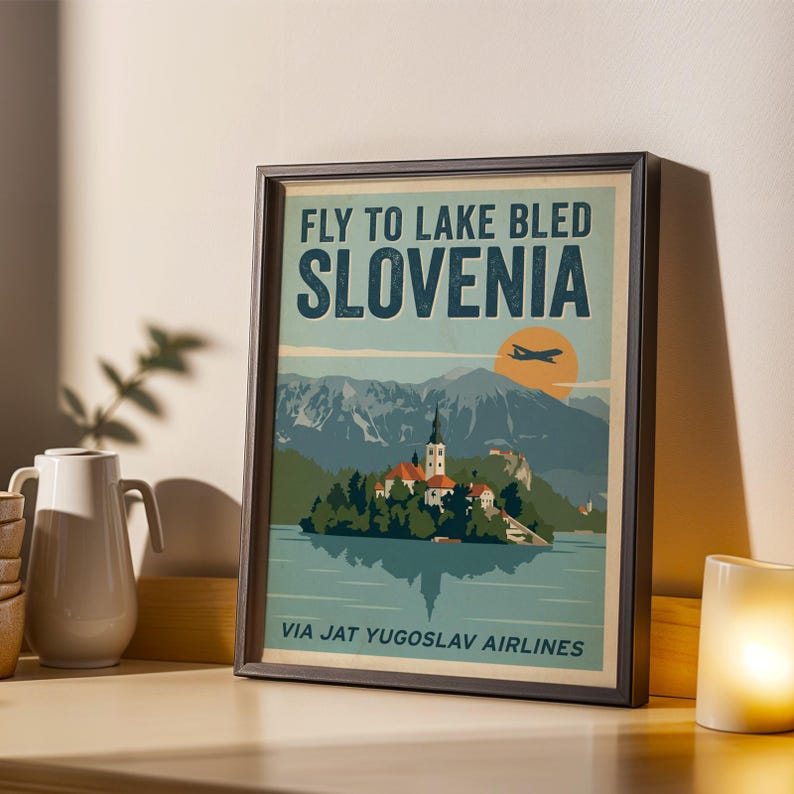 Lake Bled Poster - Vintage Travel Illustration, Teal and Navy Blue ...