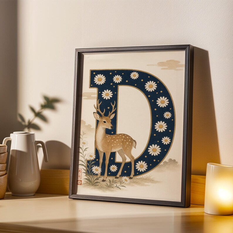Letter D With Deer and Daisies Poster - Modern Watercolor Ukiyoe, Navy ...
