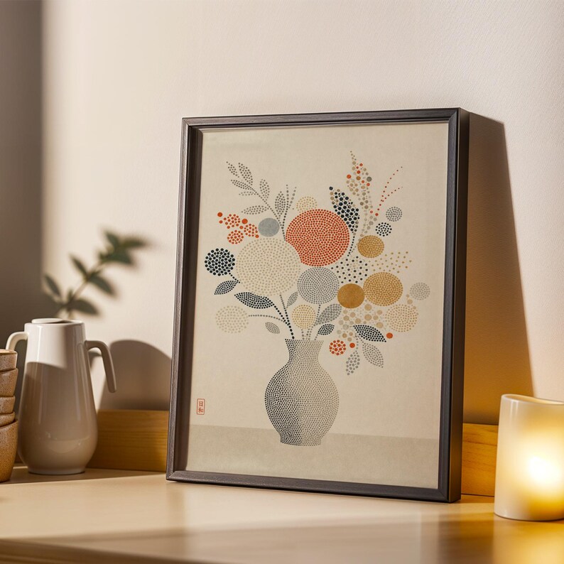 Abstract Dotted Bouquet Poster - Modern, Orange and Navy Blue Dotwork ...