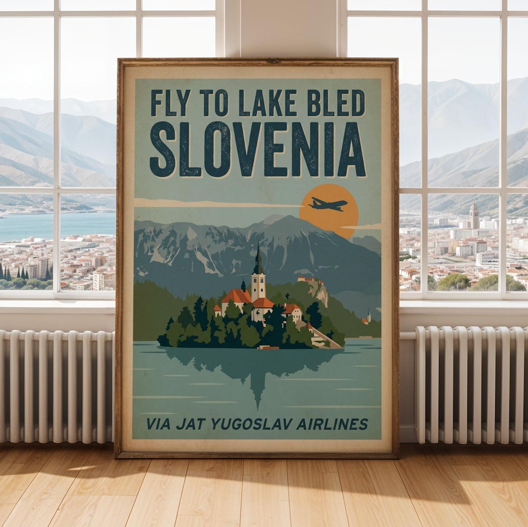 Lake Bled Poster - Vintage Travel Illustration, Teal and Navy Blue ...