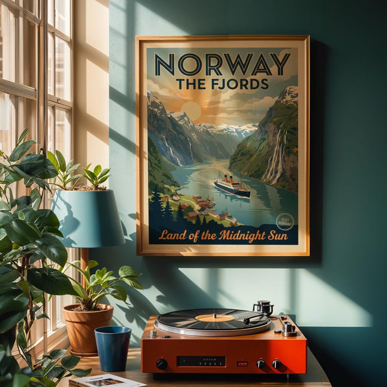 The Fjords Poster - Retro Travel Vector Landscape, Teal and Navy Blue ...