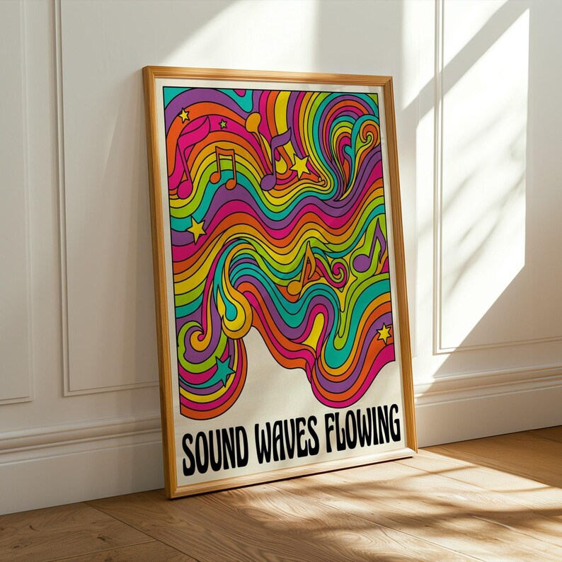 Sound Waves Flowing Poster - Modern Psychedelic Illustration, Purple ...