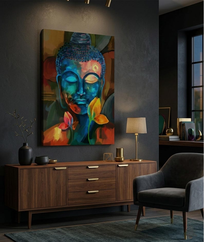 Colorful Buddha Face Print | Teal Orange Lotus Meditation Art, Boho Zen ...