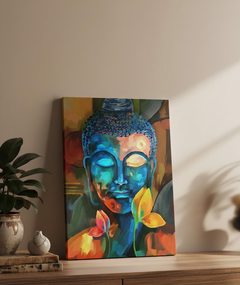 Colorful Buddha Face Print | Teal Orange Lotus Meditation Art, Boho Zen ...
