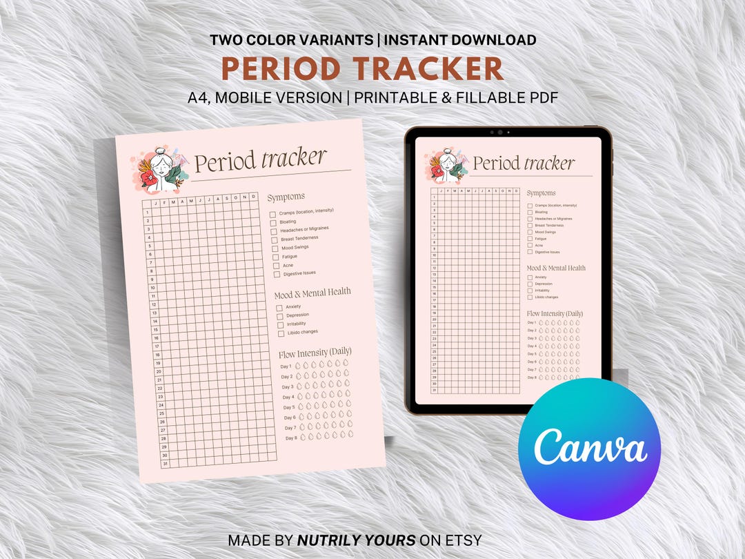 Period Tracker, Symptom Log, PCOS & Fertility Tracker, A4 Printable ...