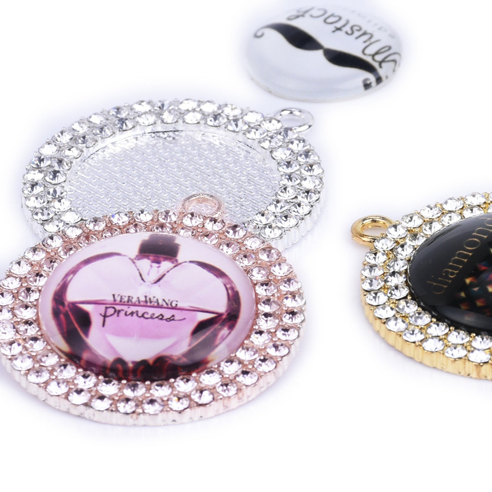 25mm Zinc Alloy Round Pendant Tray With Double Rhinestones | Etsy