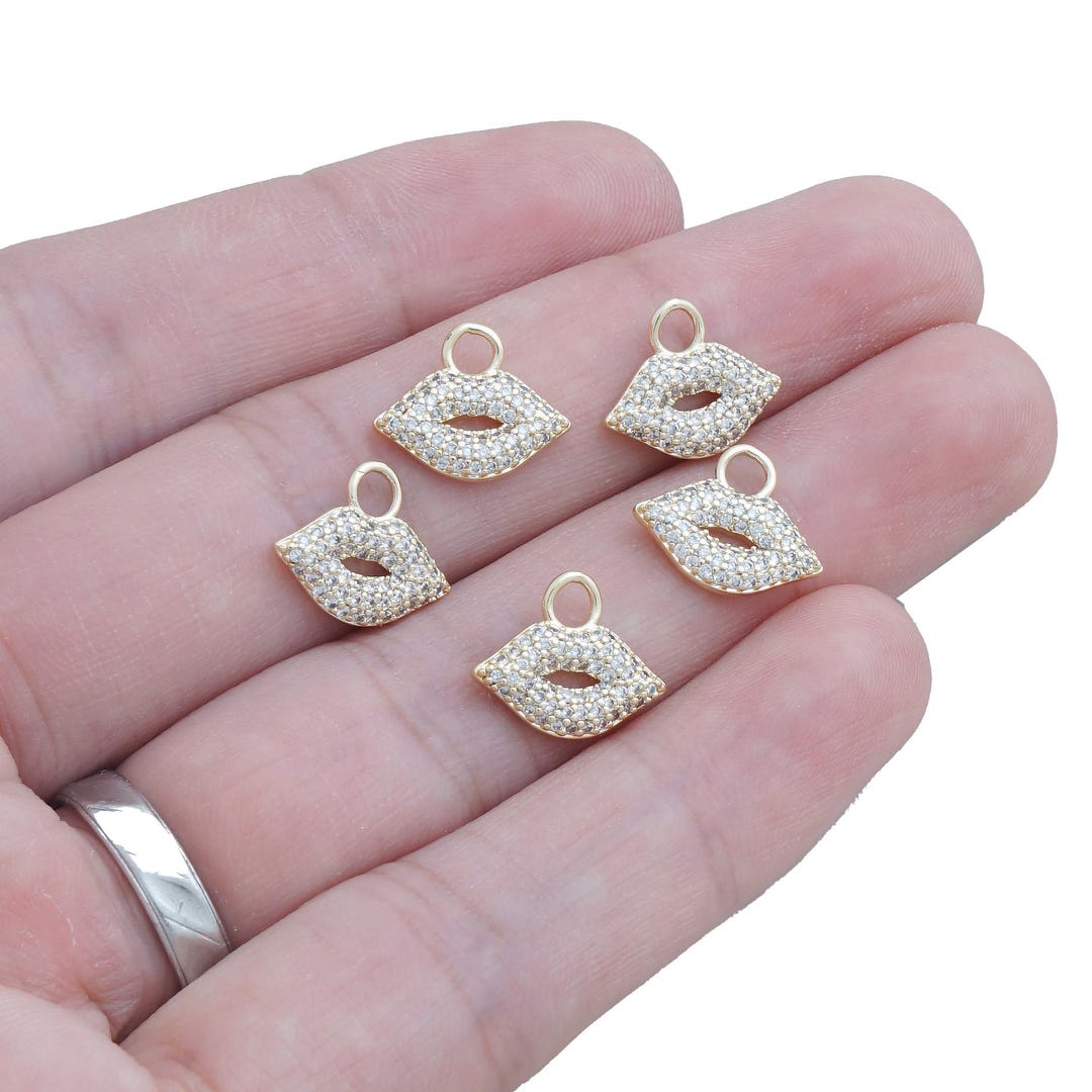 14k Gold Filled Lips Pendant Charm, Minimalist Mouth Charm, Pave Clear ...