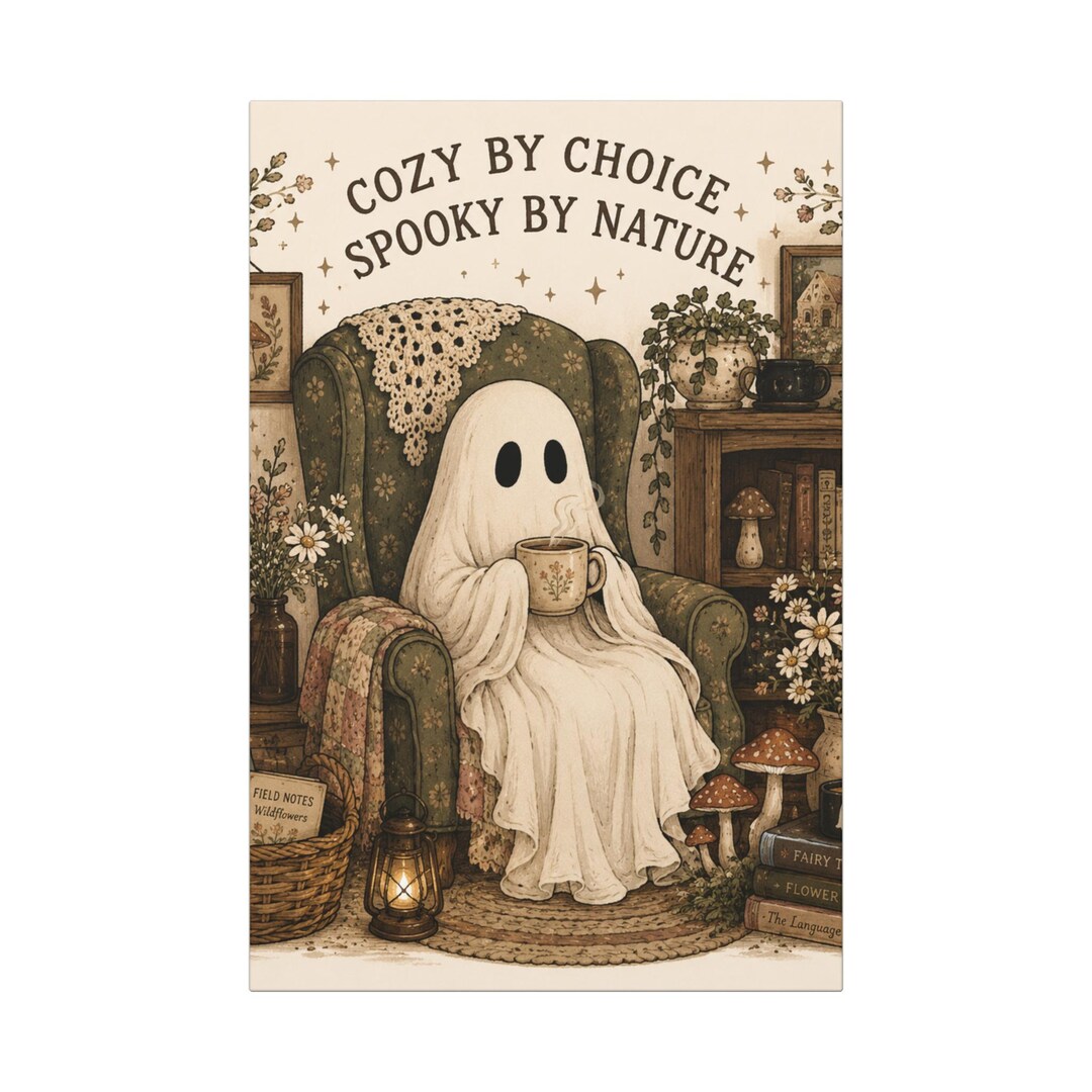 Cozy Ghost Illustration Canvas Art | Whimsical Cottagecore Spooky Decor ...