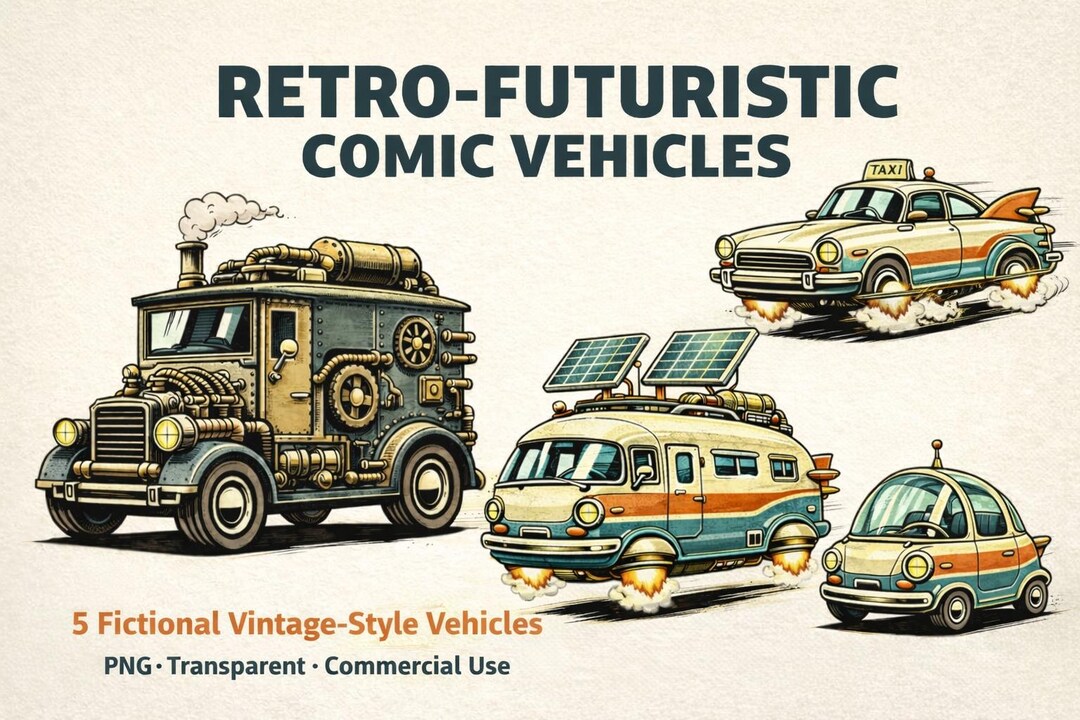 RETRO-FUTURISTIC Comic Vehicles · 5 PNG Clipart - Etsy