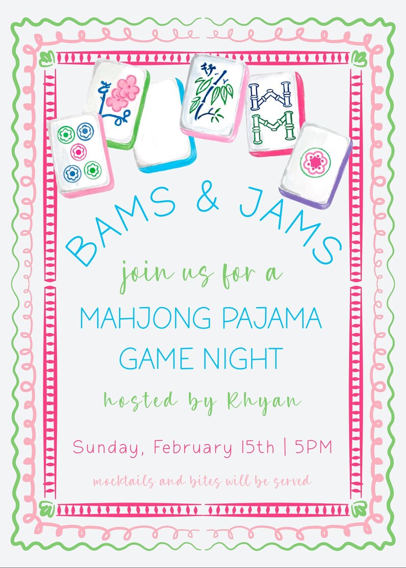 Mahjong Game Night Invitation Template | Bams & Jams Pajama Party ...