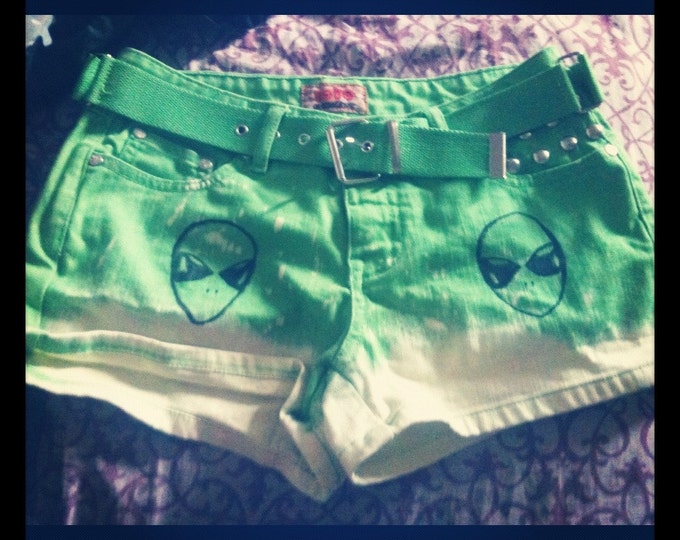 GRUNGE Bright Green OMBRE Alien Studded Shorts With Free Belt - Etsy