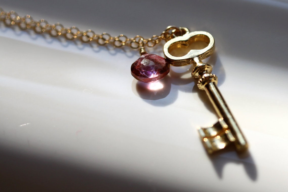 Infinity Key. Gold Key Charm Necklace. Pink Quartz. Infiniti - Etsy