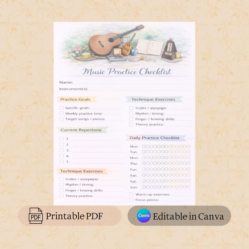 Music Practice Checklist Printable PDF | Canva Editable Template ...