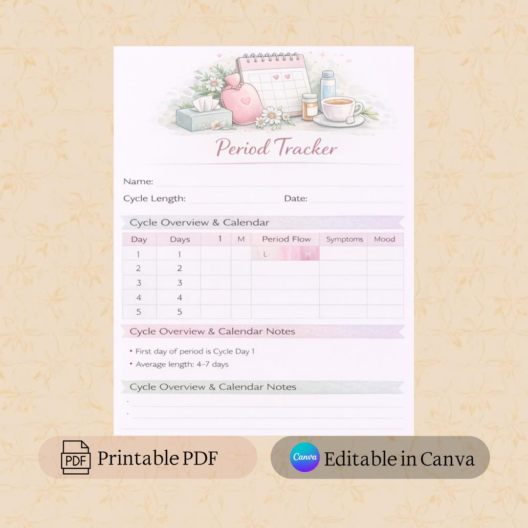Period Tracker Printable PDF | Canva Editable Template | Cycle Tracking ...