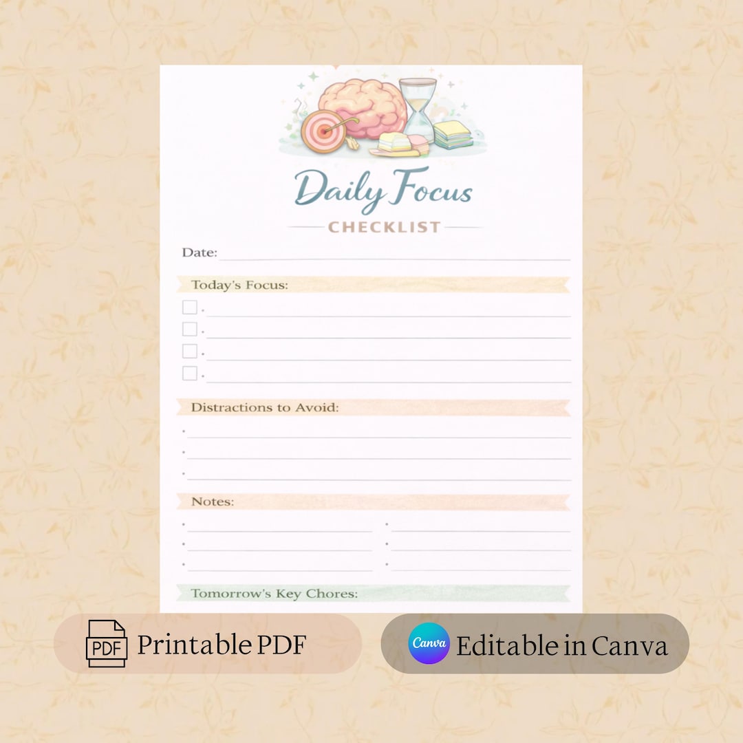 Daily Focus Checklist Printable PDF | Focus Planner | Deep Work ...