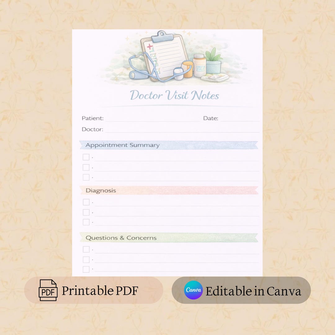 Doctor Visit Notes Printable PDF | Canva Editable Template | Medical ...