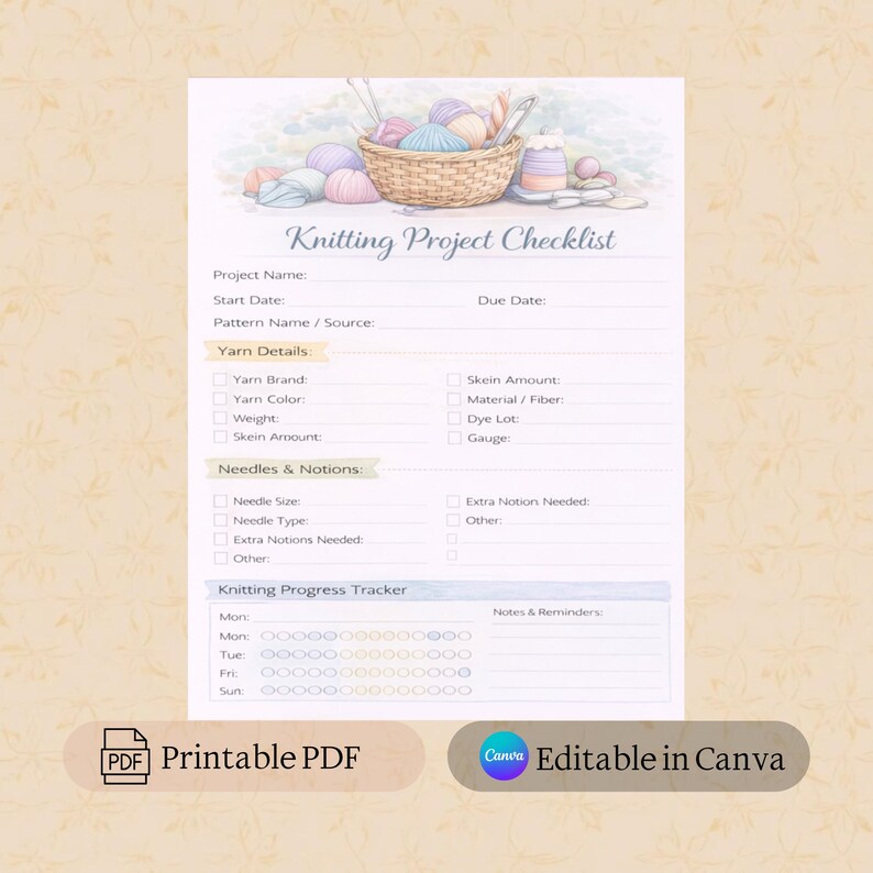 Knitting Project Checklist Printable PDF | Canva Editable Template ...