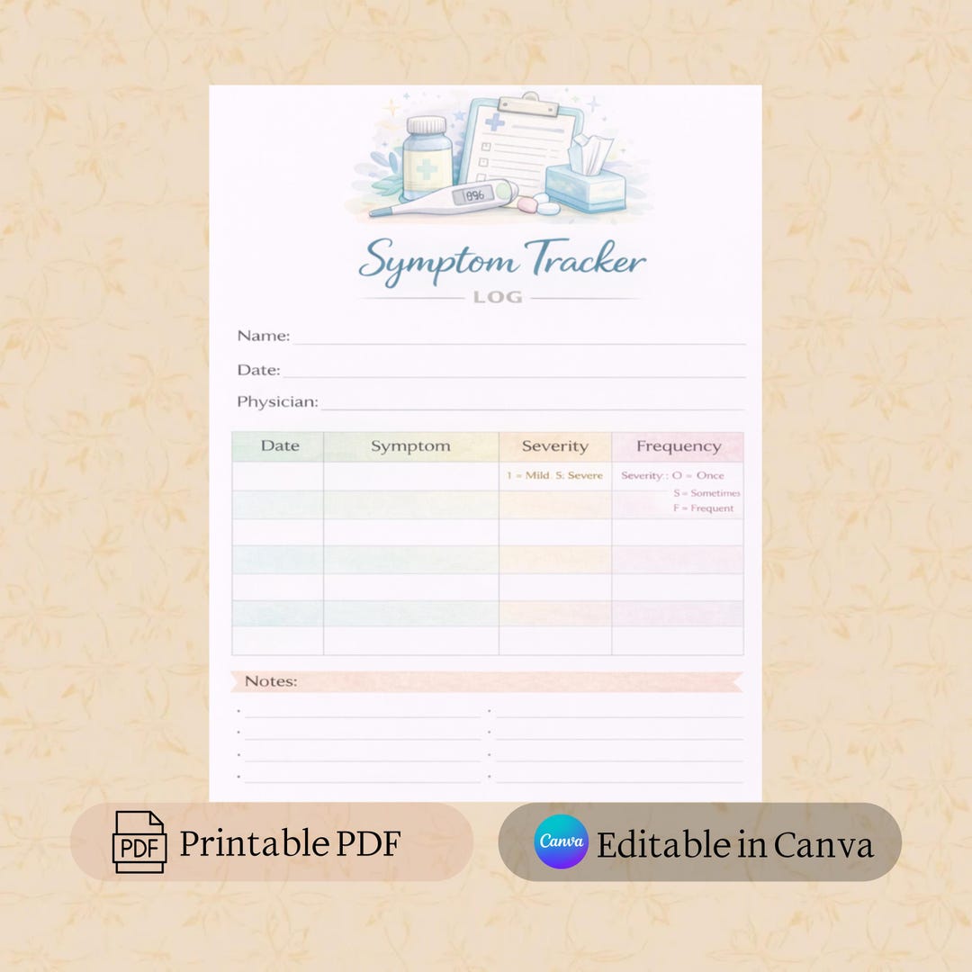 Symptom Tracker Printable PDF | Canva Editable Template | Healthlog ...