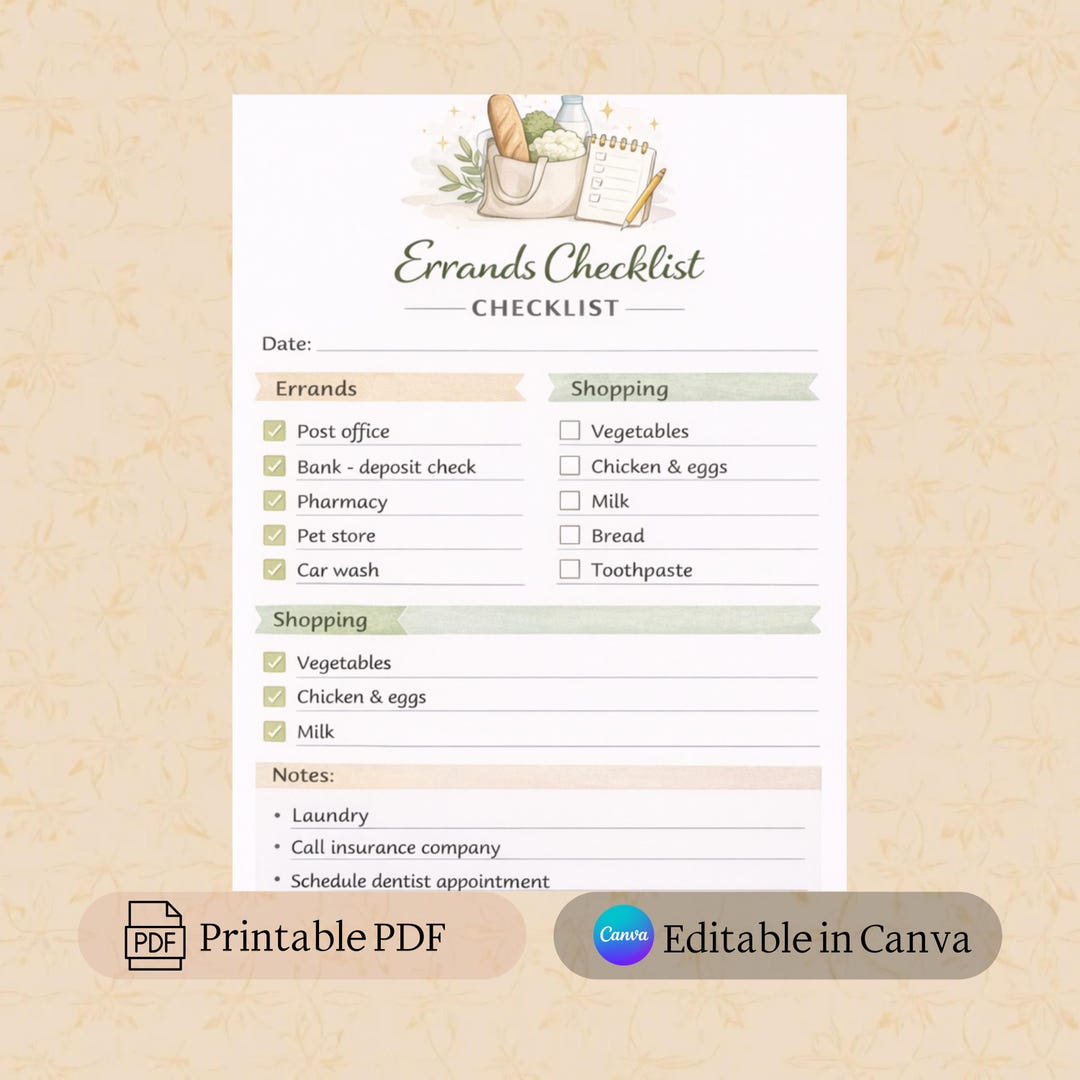 Errands Checklist Printable PDF | Daily Errand Planner | Task ...