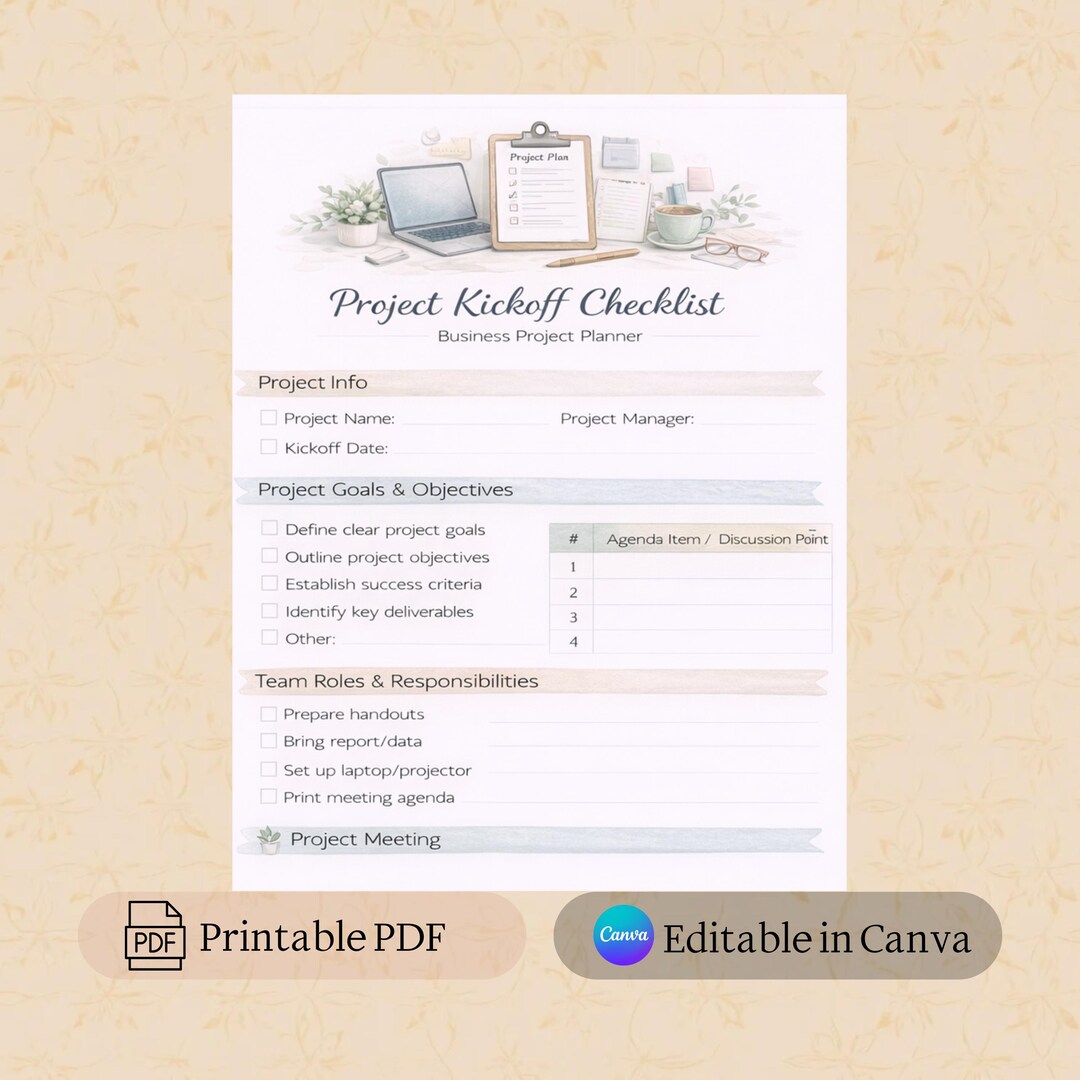 Project Kickoff Checklist Printable PDF | Canva Editable Template ...