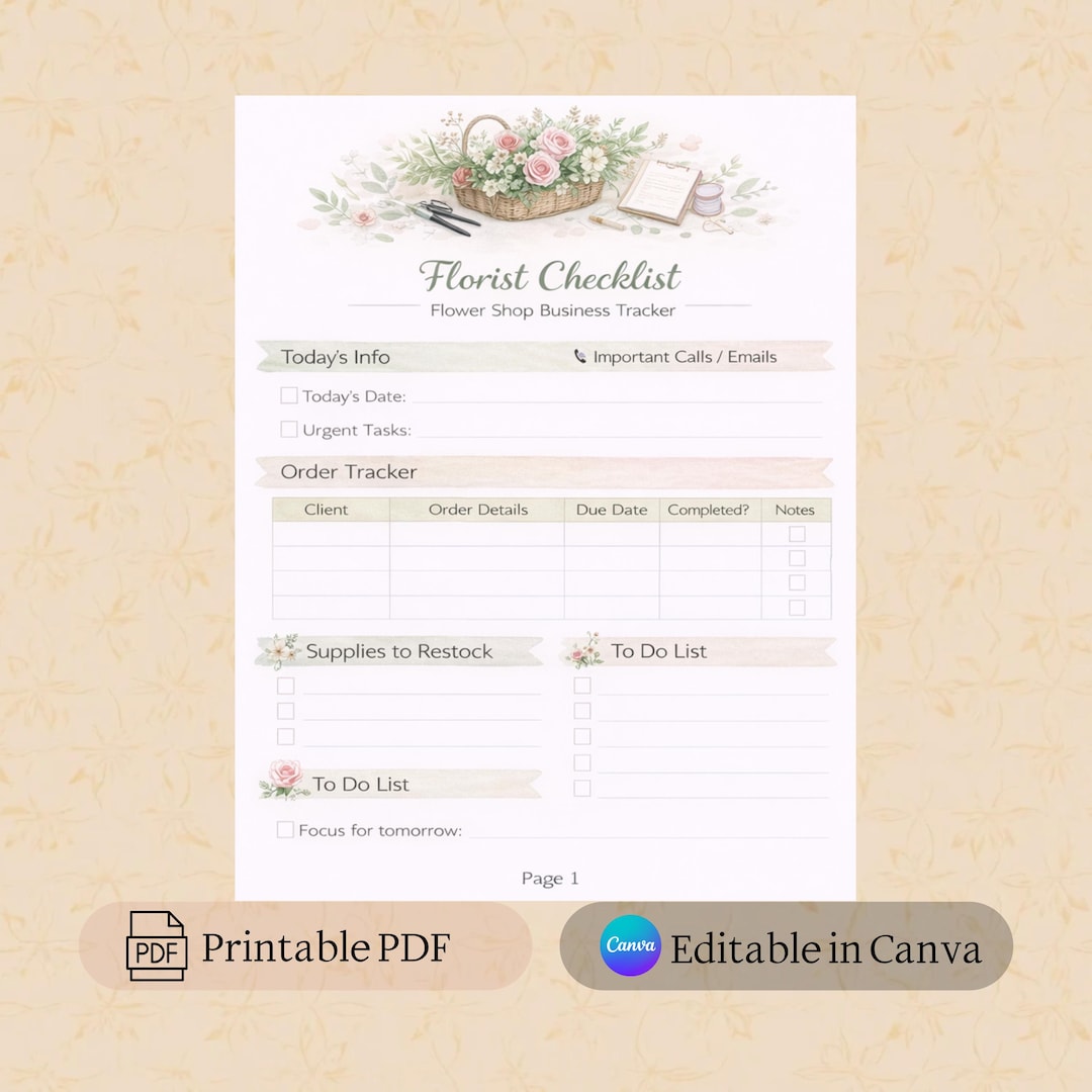 Florist Checklist Printable PDF | Canva Editable Template | Flower Shop ...