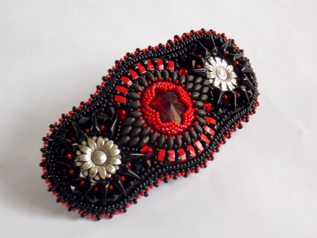 Red and Black, Swarovski Jewelry, Hair Pin ,bead Embroidery, Seed Bead ...