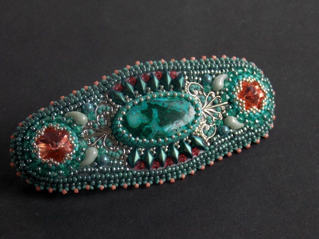Memories Barrette , Bead Embroidery , Swarovski Jewelry, Chrysokolla ...
