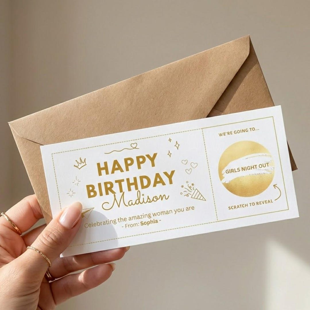 Custom Scratch to Reveal Birthday Card, Weekend Trip Gift Voucher, Gold ...