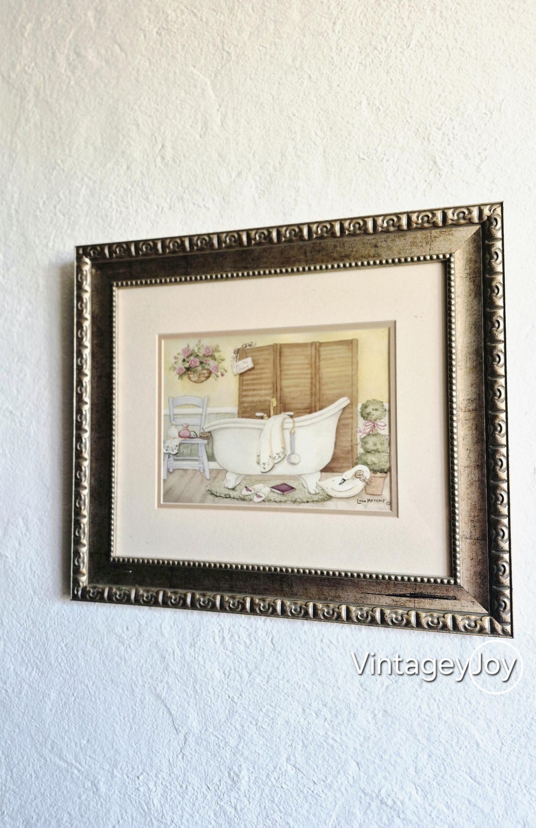 Vintage Framed Quaint Bathroom Art, Lynn Metcalf Wall Hanging, Cozy Spa ...
