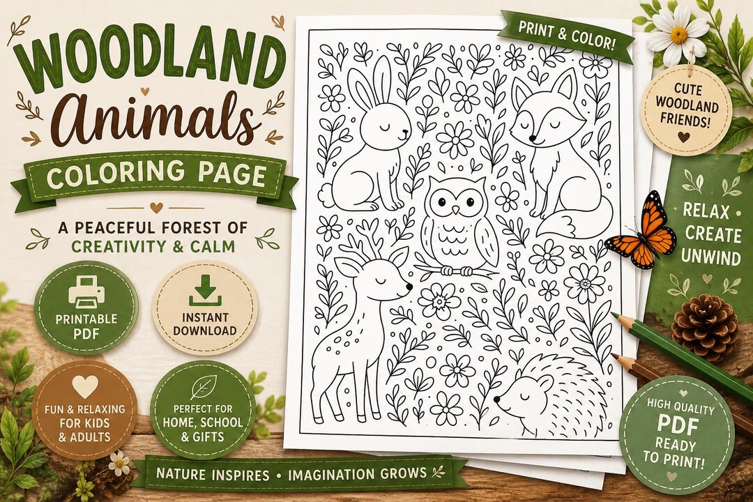 Woodland Animals Coloring Page for Kids | Forest Animal Printable ...