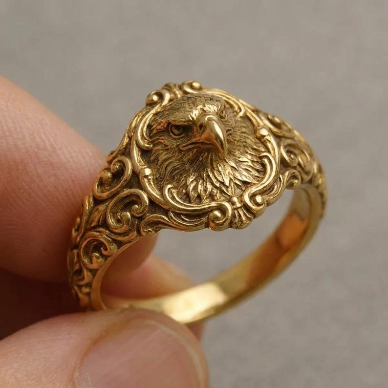 Gold Eagle Signet Ring, Ornate Sterling Silver Bird Statement Jewelry ...