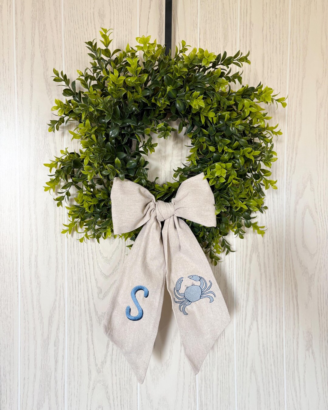 Embroidered Linen Wreath Sash, Custom Initial Crab Design, Coastal ...