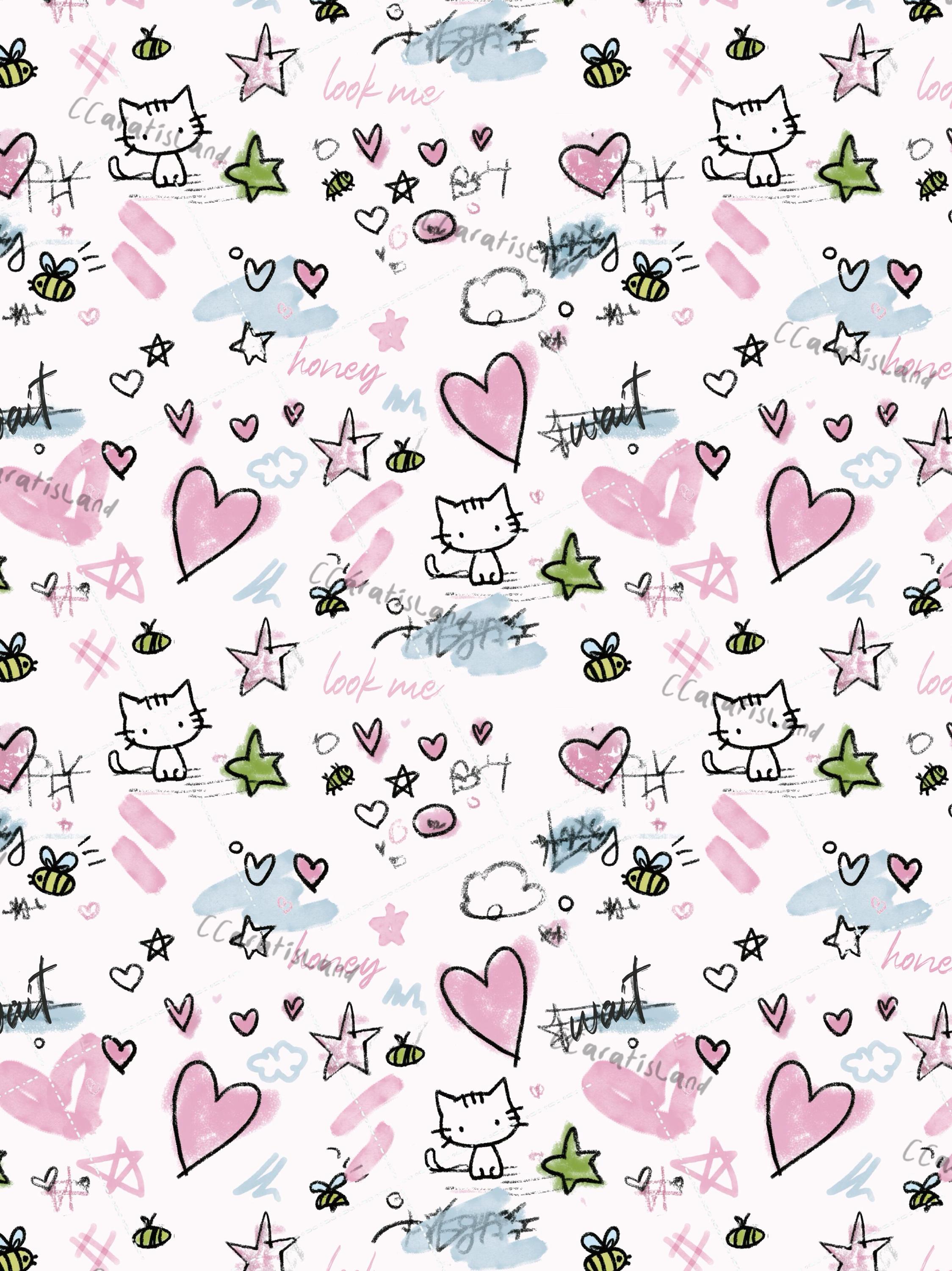 Cute Doodle Pattern Digital Paper Cozy Handmade Kawaii Background Cat ...