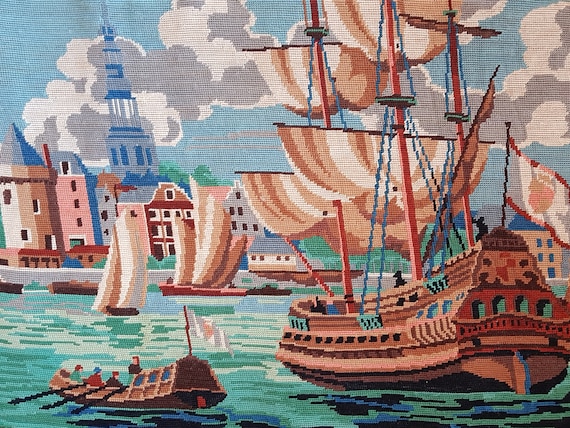 Large vintage French ships leaving harbor completed | Etsy