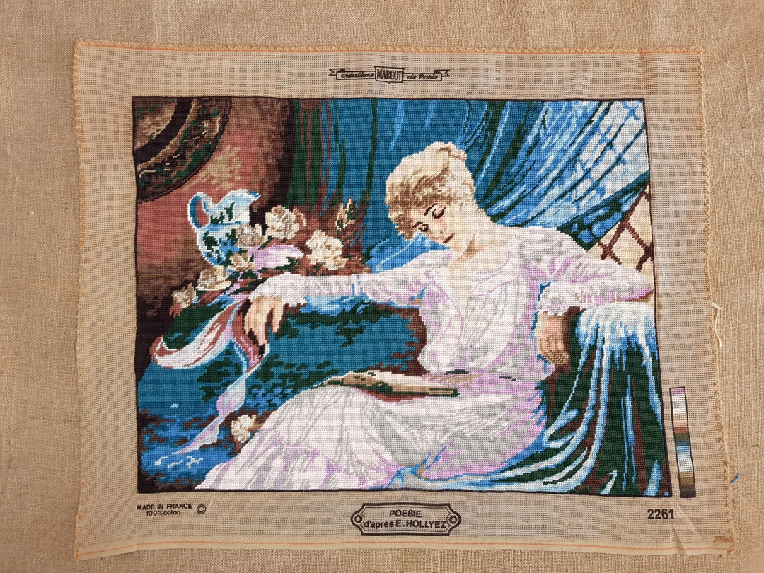 Vintage Needlepoint Woman Reading Poetry After Holliyez French ...