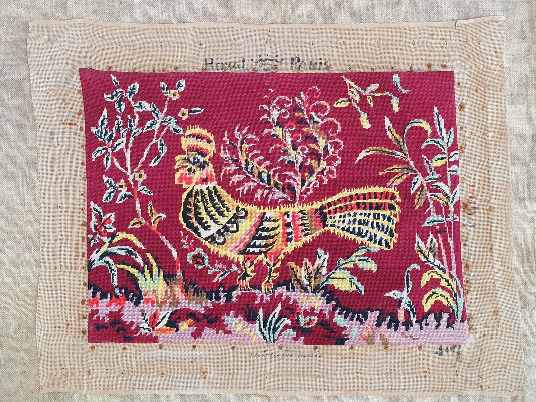 Vintage French Needlepoint Rooster Tapestry Embroidery Finished ...