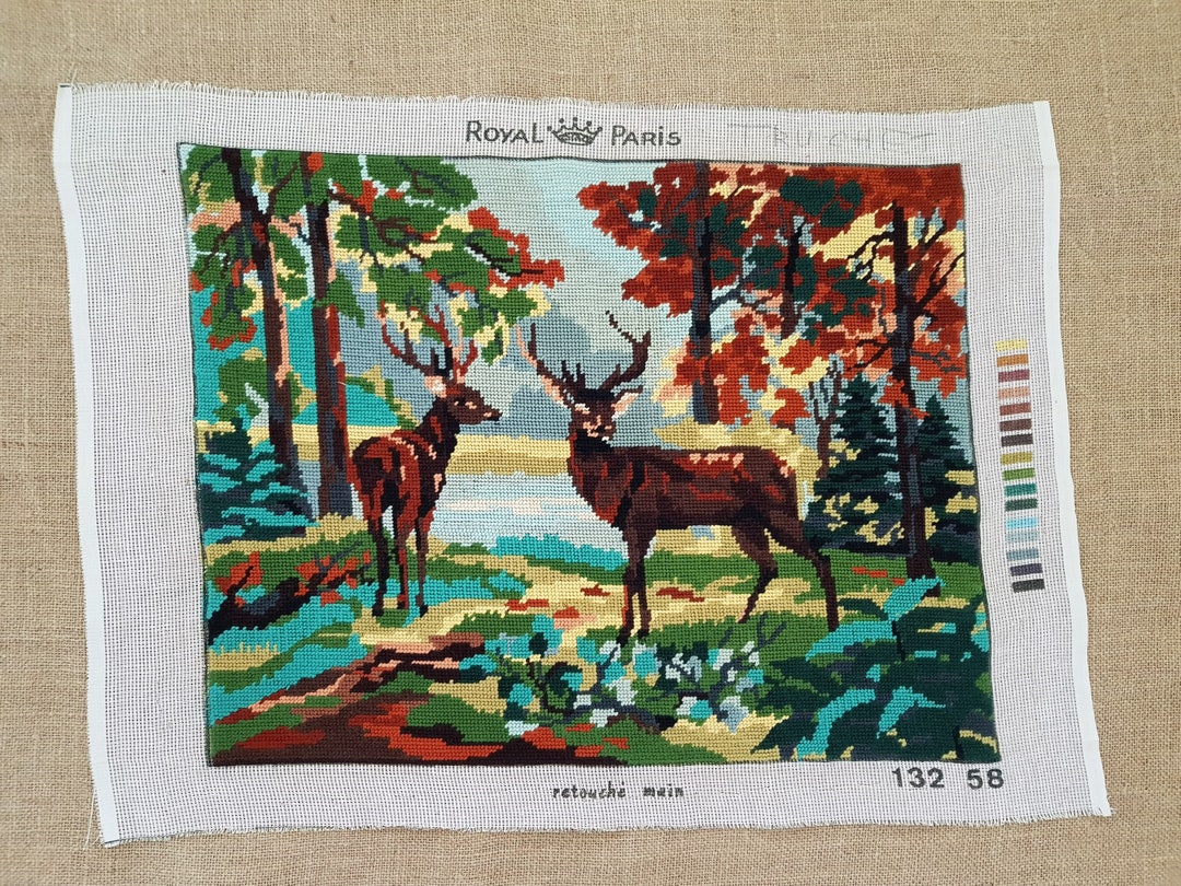Two Stags Bucks in Forest Completed French Needlepoint Vintage Finished ...