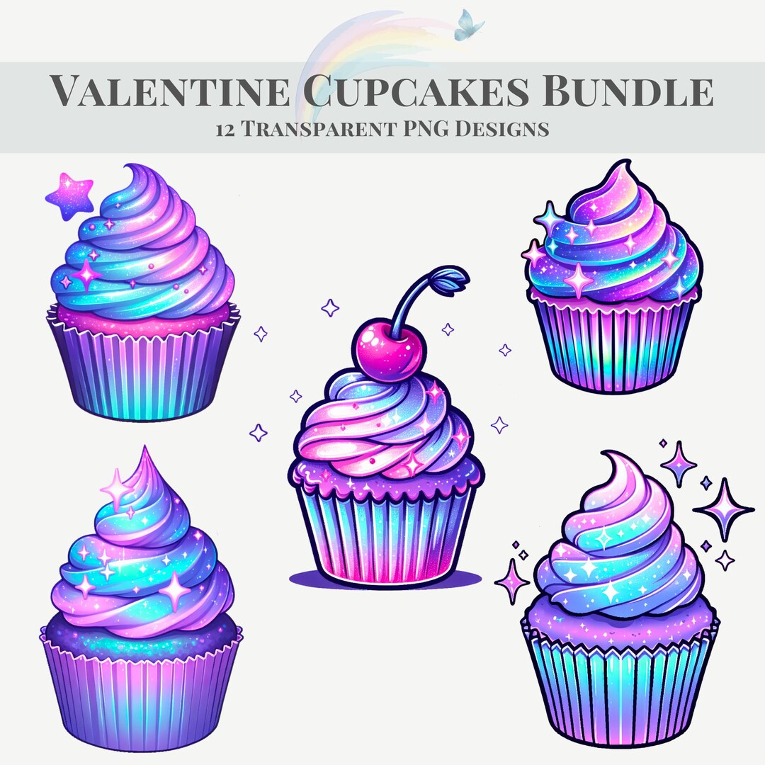 Holographic Valentine Cupcake Clip Art Bundle | Dessert Pngs | Romantic ...