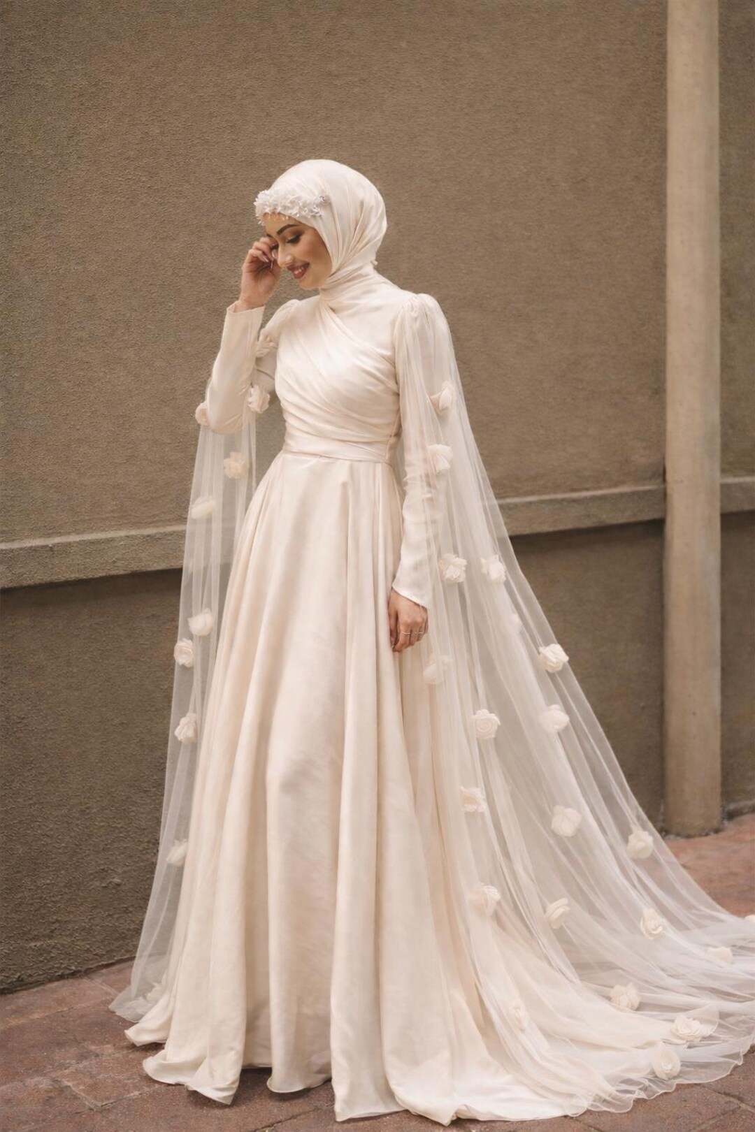 Floral Cape Modest Wedding Dress, Long Sleeve A-line Bridal Gown - Etsy