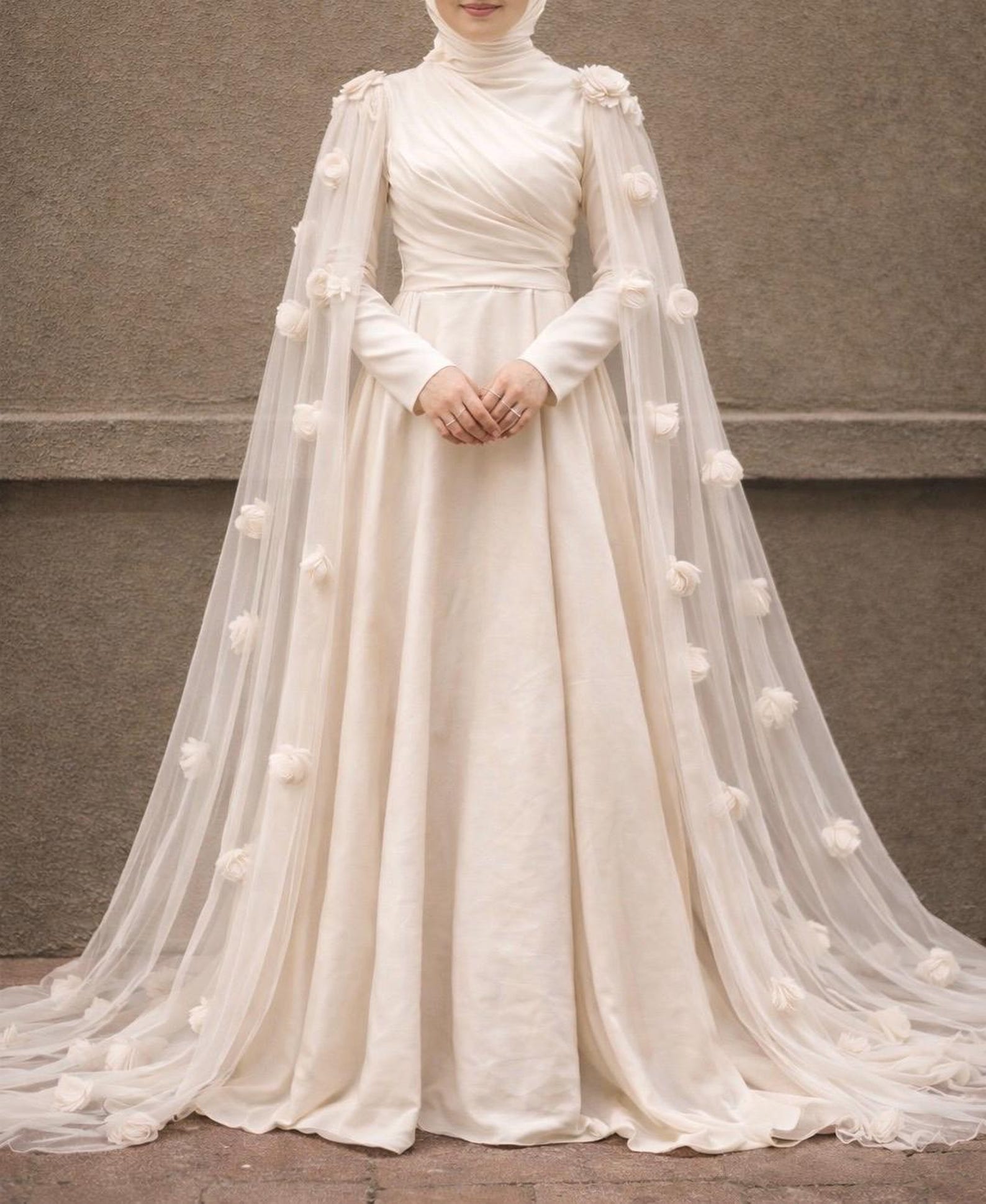 Floral Cape Modest Wedding Dress, Long Sleeve A-line Bridal Gown - Etsy
