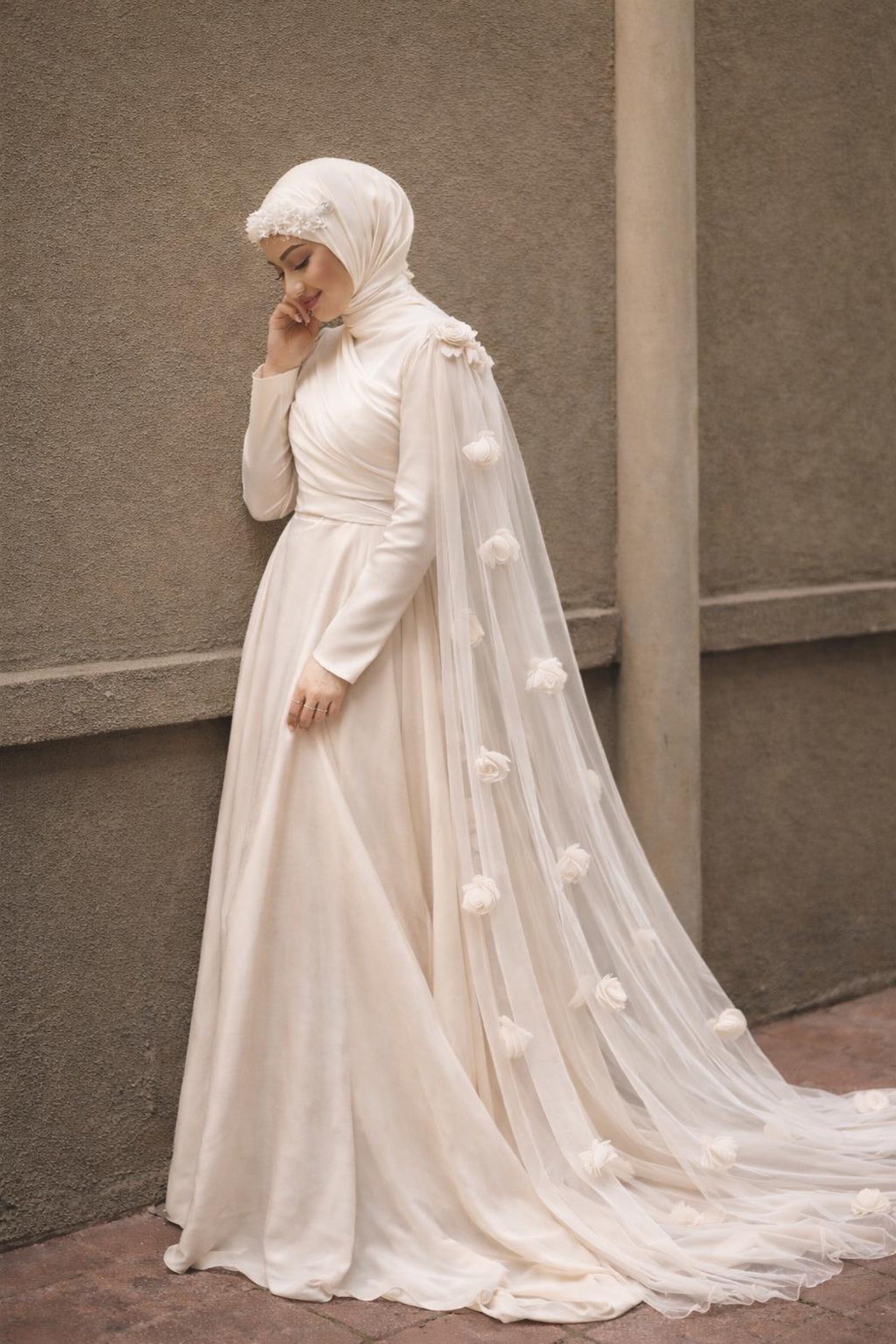 Floral Cape Modest Wedding Dress, Long Sleeve A-line Bridal Gown - Etsy