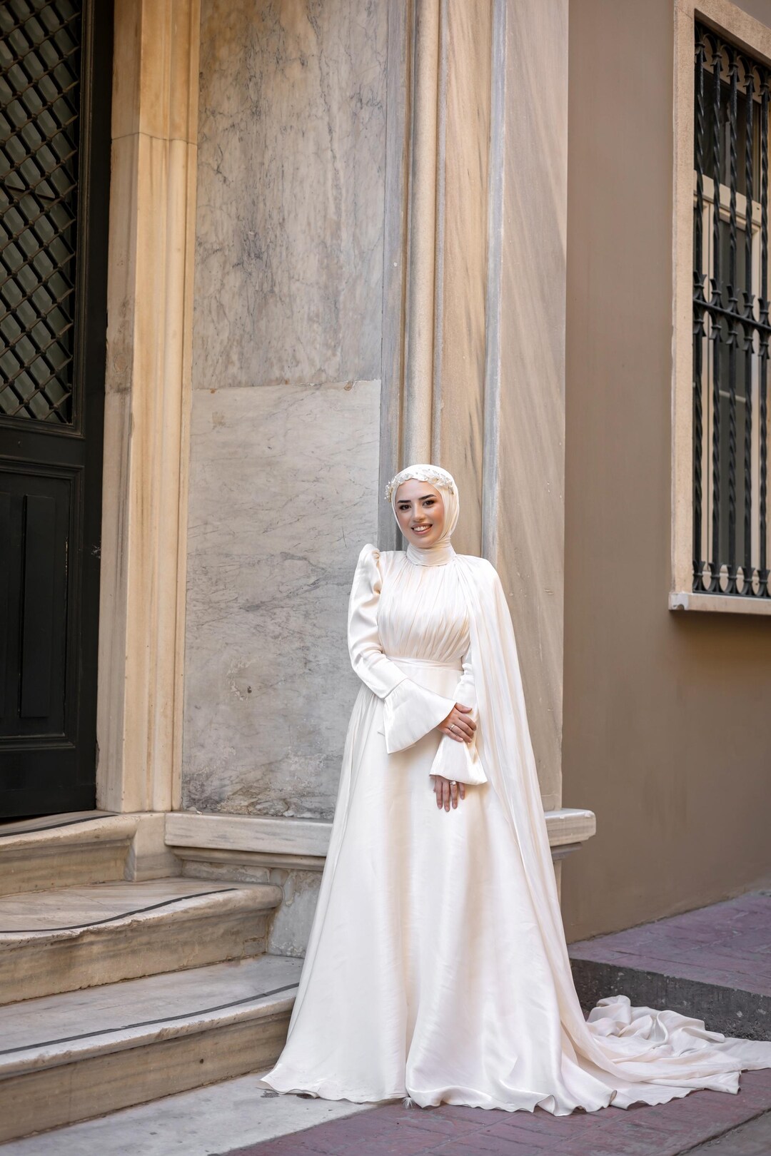 Pearl Satin Cape Wedding Dress, Modest Long Sleeve Bridal Gown - Etsy