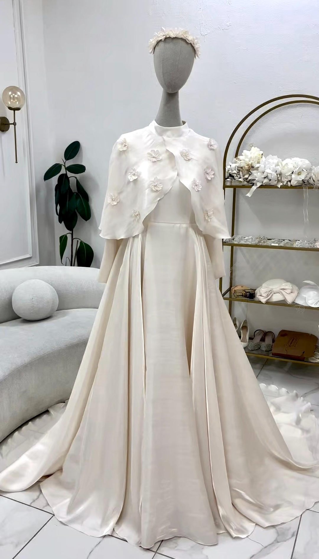 Modest A-line Wedding Dress, Floral Cape, Long Sleeve Engagement Gown ...