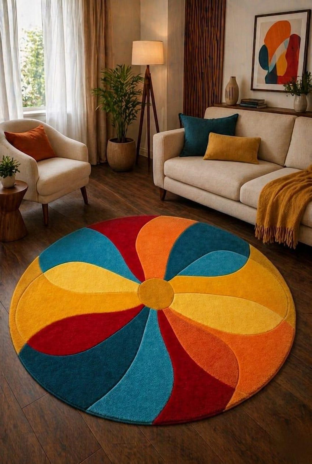 Colorful Round Rug, Hand Tufted Floral Carpet, Modern Abstract Area Rug ...