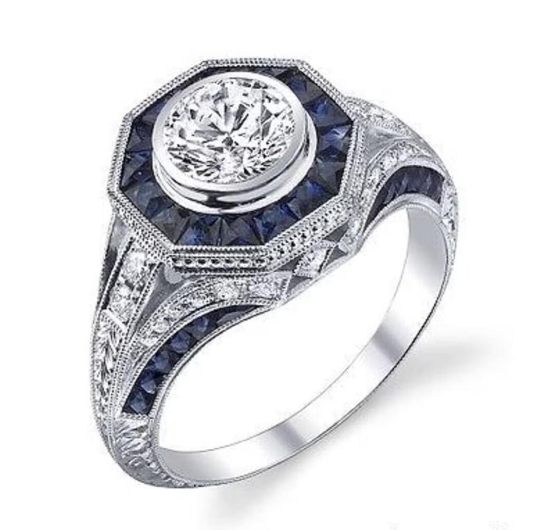 Art Deco Target Ring, Round Cut Moissanite Engagement Ring, Blue ...