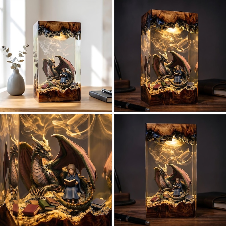 Fantasy Dragon Resin Art Lamp, Dragon and Book Night Light, Magical ...