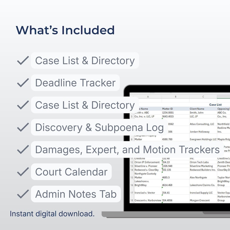 Litigation Case Management Spreadsheet | Legal Case Tracker, Deadlines ...