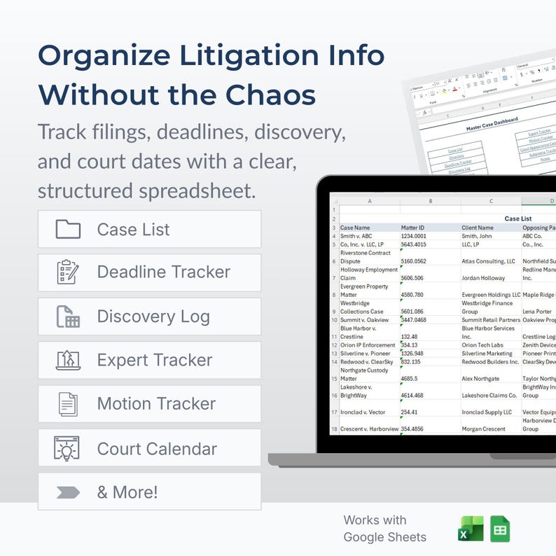 Litigation Case Management Spreadsheet | Legal Case Tracker, Deadlines ...